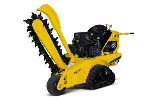 Pedestrian trencher features easy to operate steering system