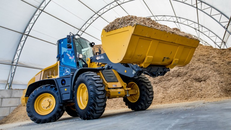 John Deere 344L compact wheel loader moves up to 25 mph on the jobsite