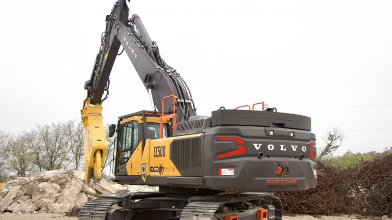 Volvo adds straight boom to 50-ton excavator for demolition work