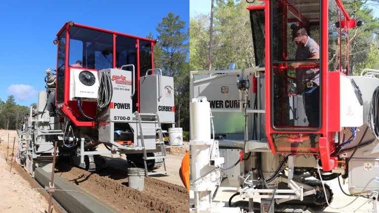 Power Curbers' enclosed cab curb and gutter machine